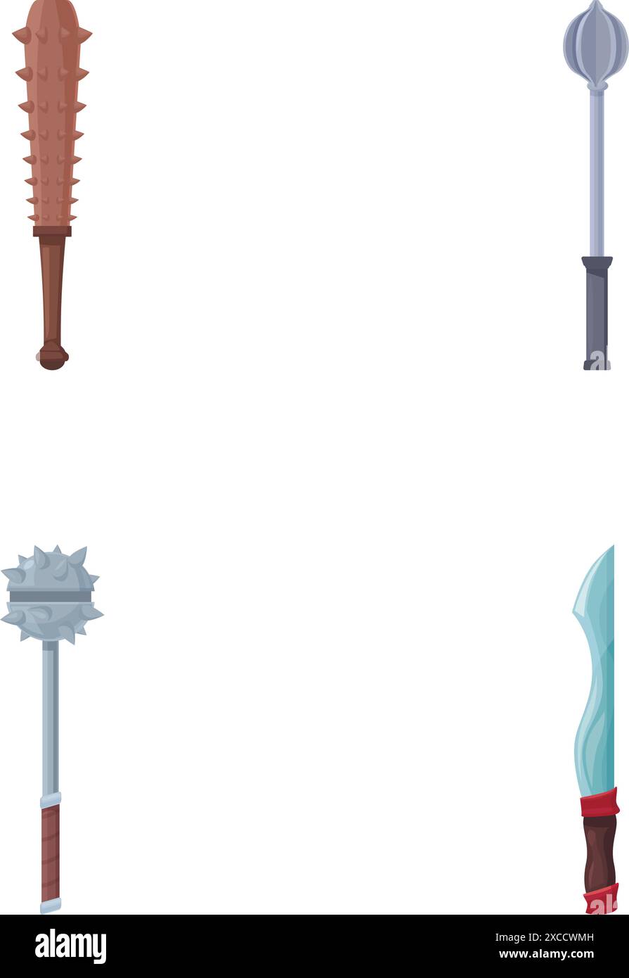Illustration of four medieval fantasy weapons including a mace, spear ...