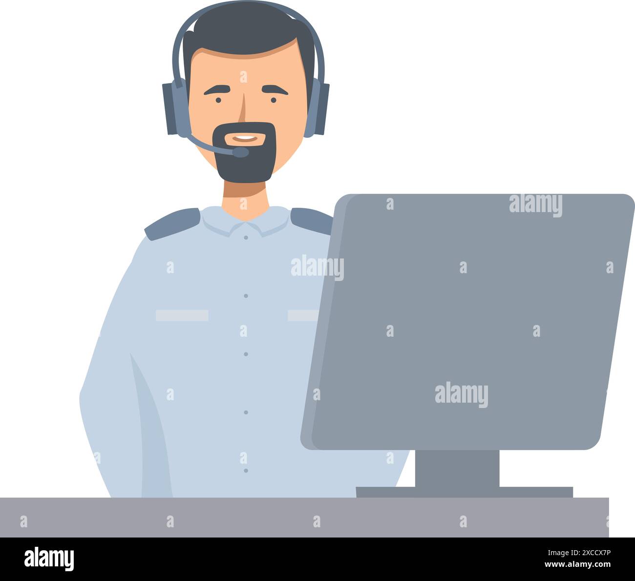 Security Guard Wearing Headset Smiling While Working At His Desk