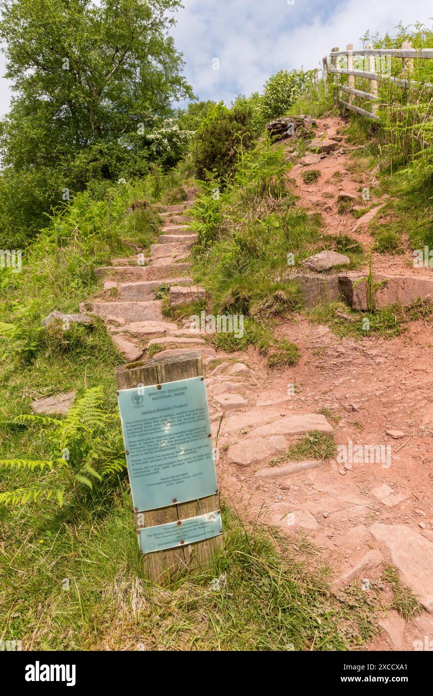 Sign warning of footpath and upland erosion, Brecon Beacons National ...