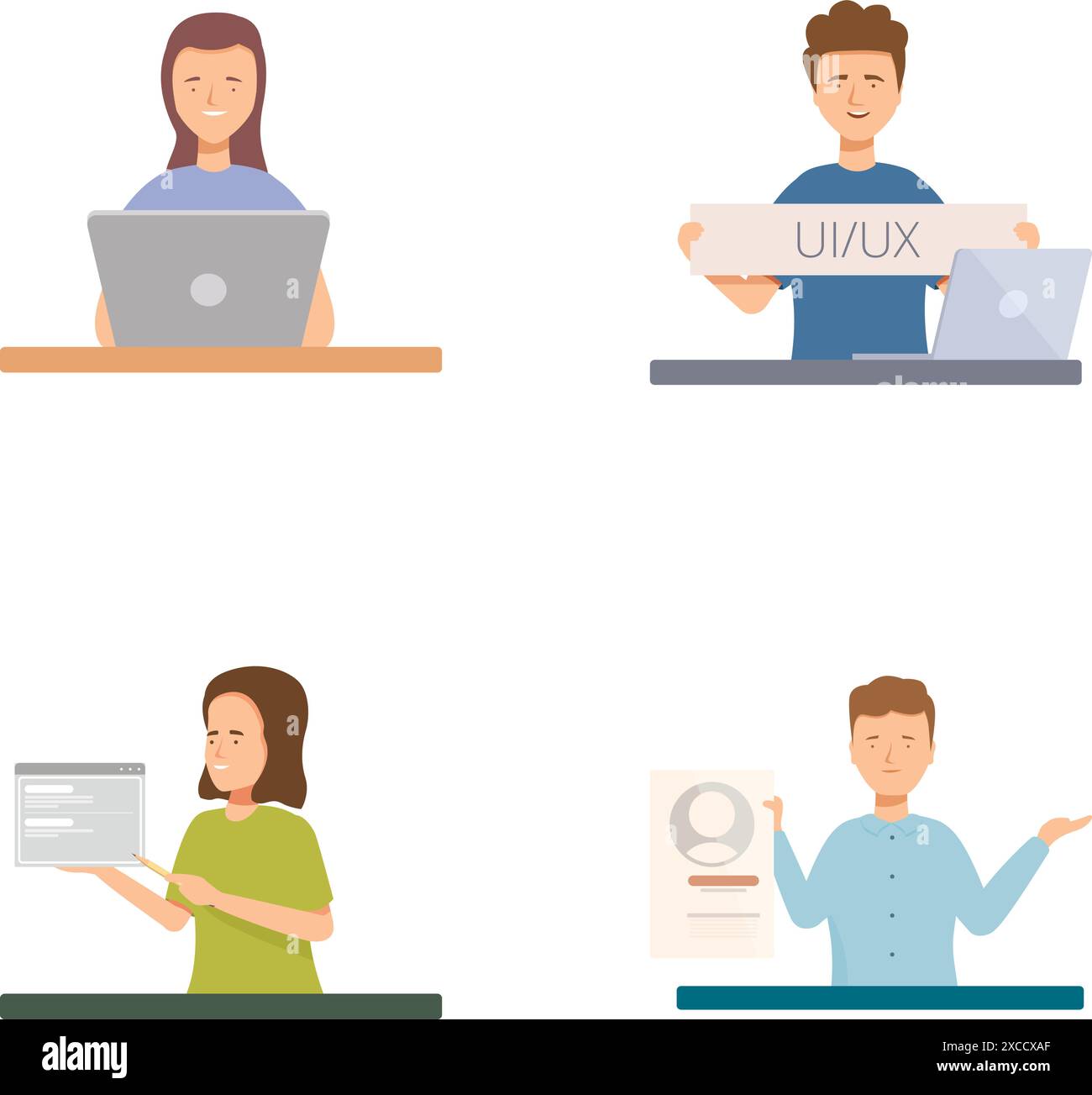 Illustration of four diverse professionals engaged in computer work and ...