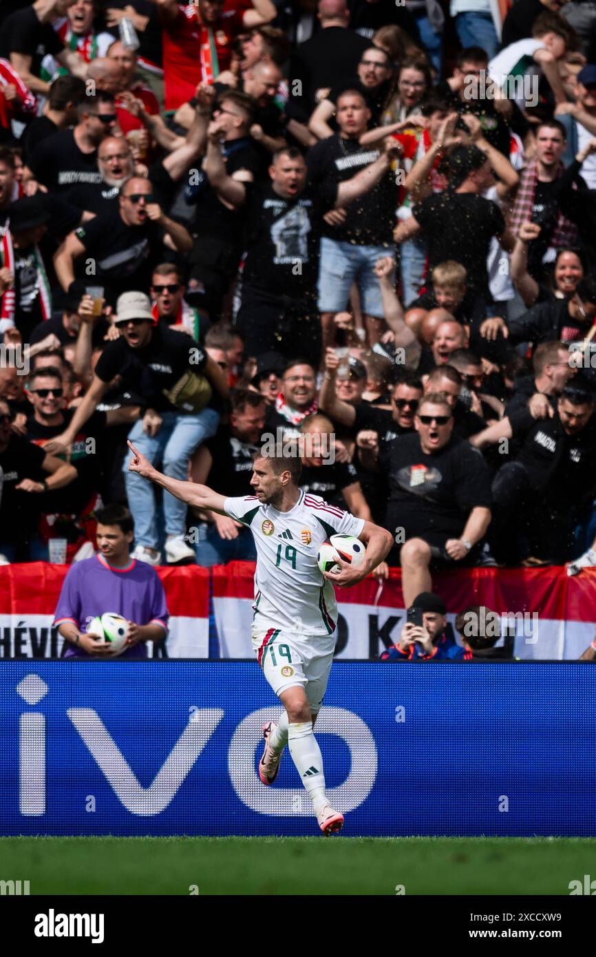Cologne, Germany. 15 June 2024. Barnabas Varga of Hungary celebrates ...