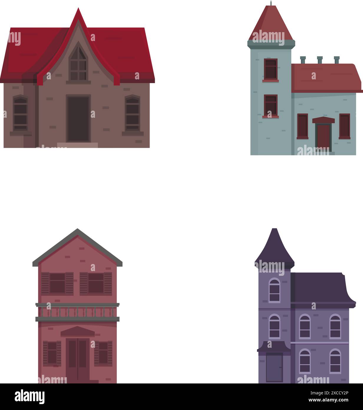 Collection of four cartoon houses with varying designs hi-res stock ...