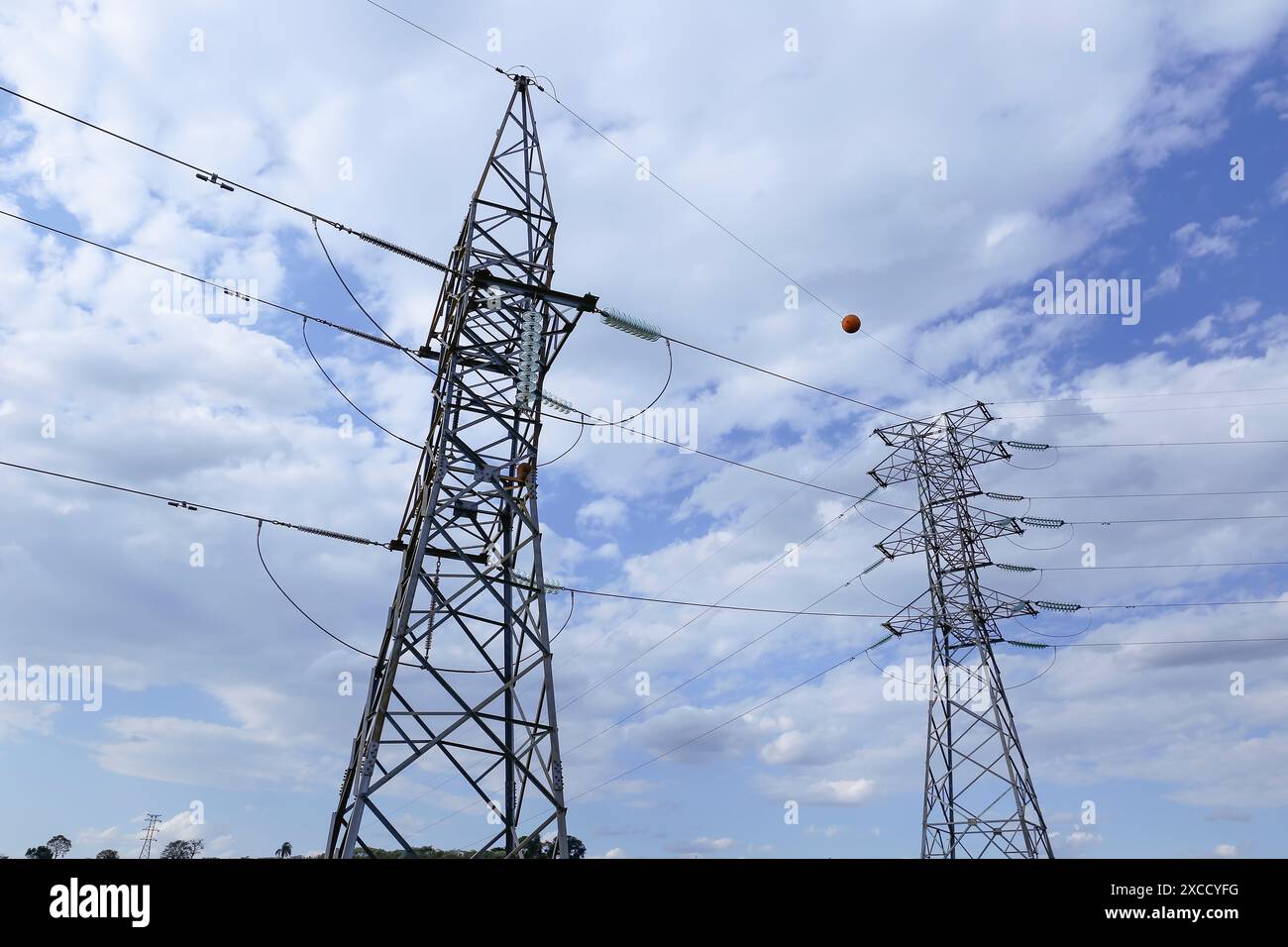 Electric power transmission tower and electrical power cables Stock ...