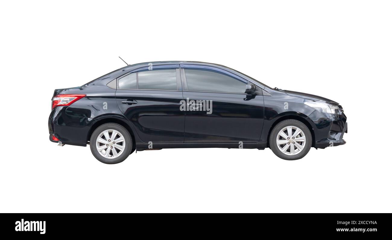 Side view of black sedan car is isolated on white background with ...