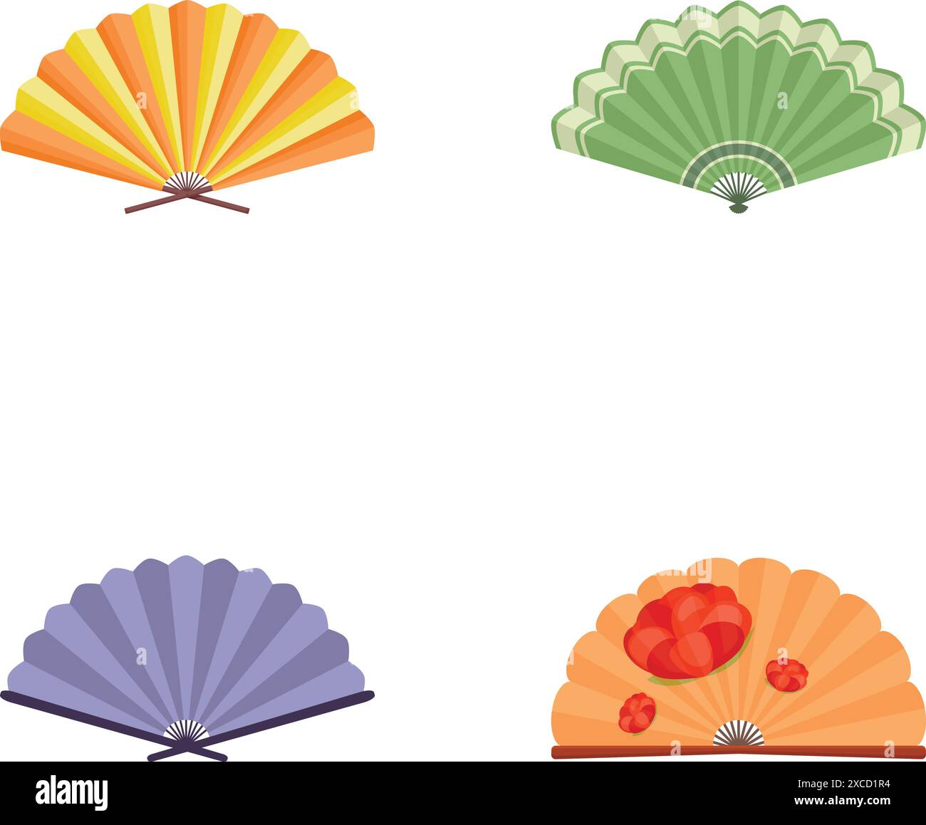 Collection of four illustrated hand fans in various colors and designs ...