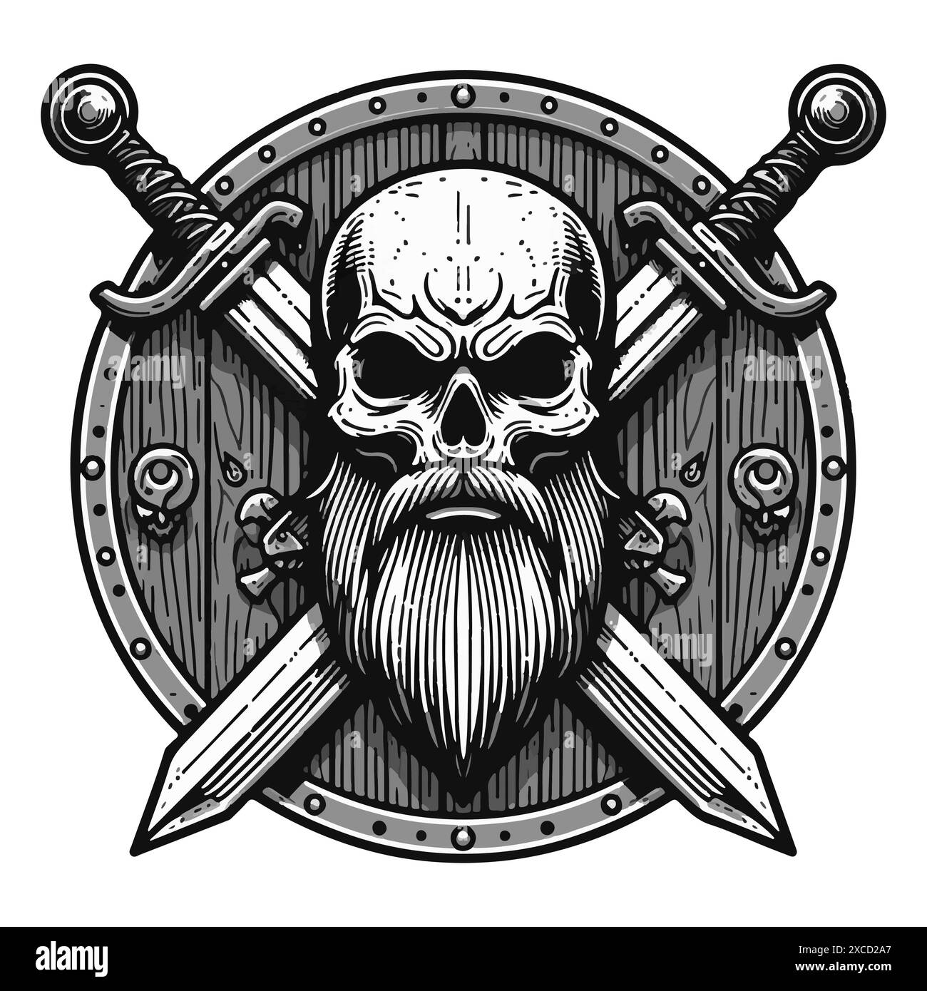 Bearded skull with swords on the background of a shield in the style of ...