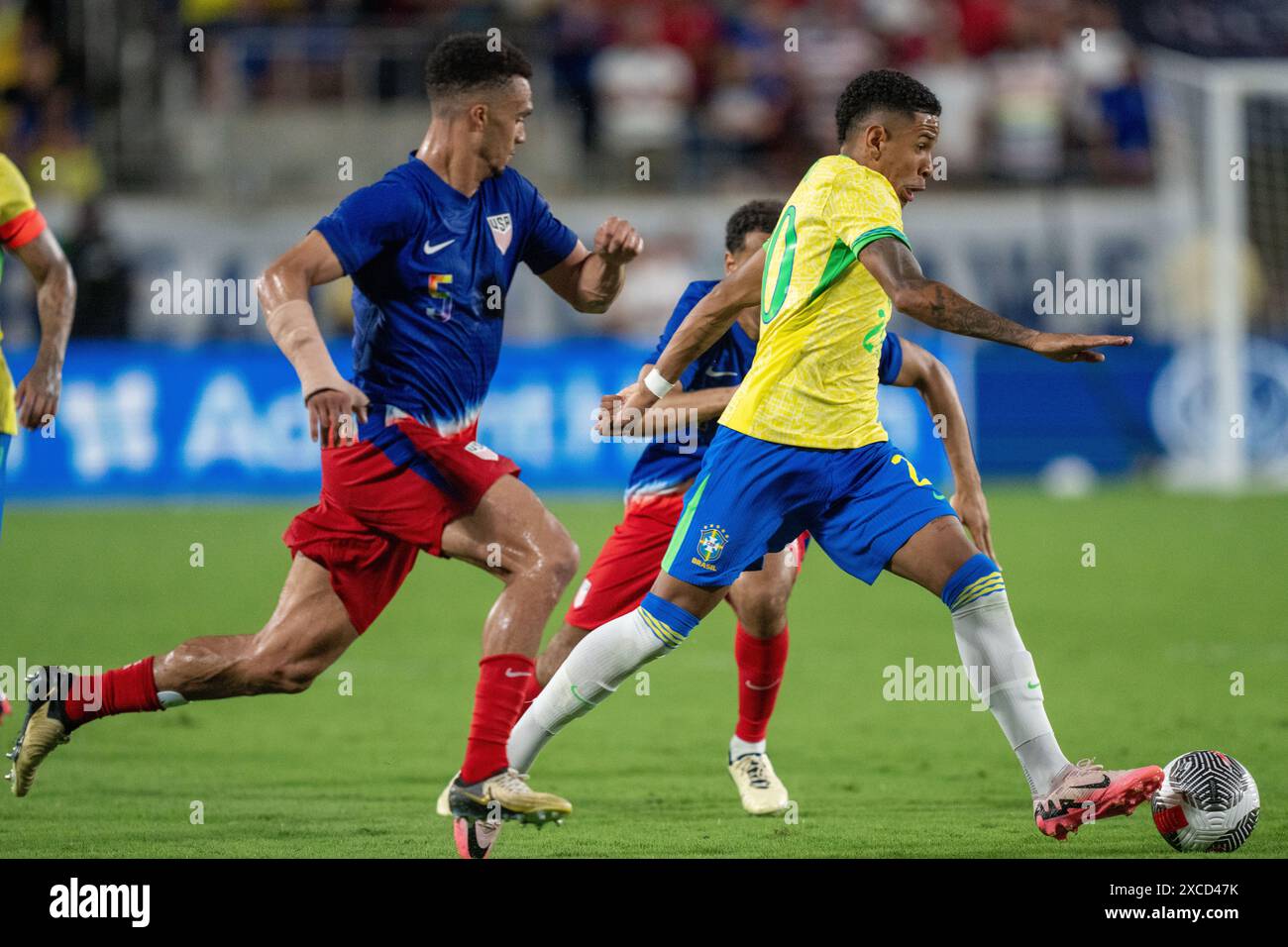 Brazil National Team forward Savinho battles for possession during the ...