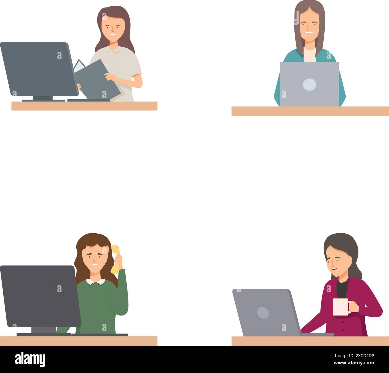 Illustration set showing a woman at her desk with different emotions ...