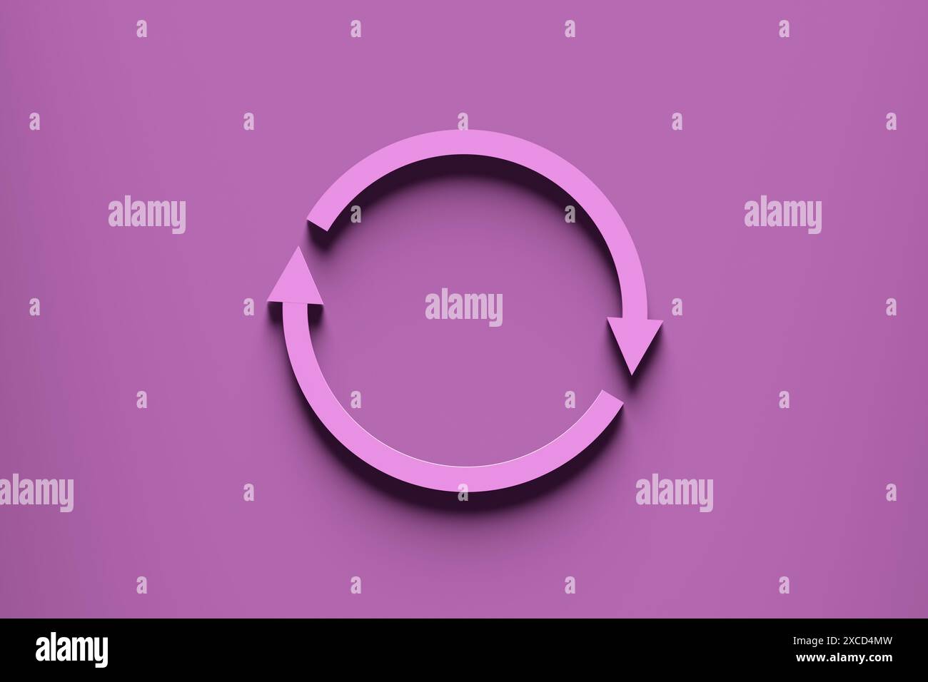 Rotating directional arrows on purple background. Circular flow diagram. Recycling. Repetition ...