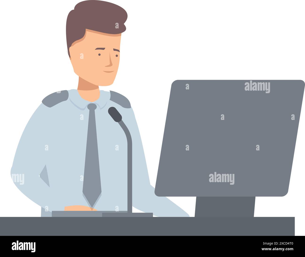 Airport worker in uniform speaking on microphone at information desk ...