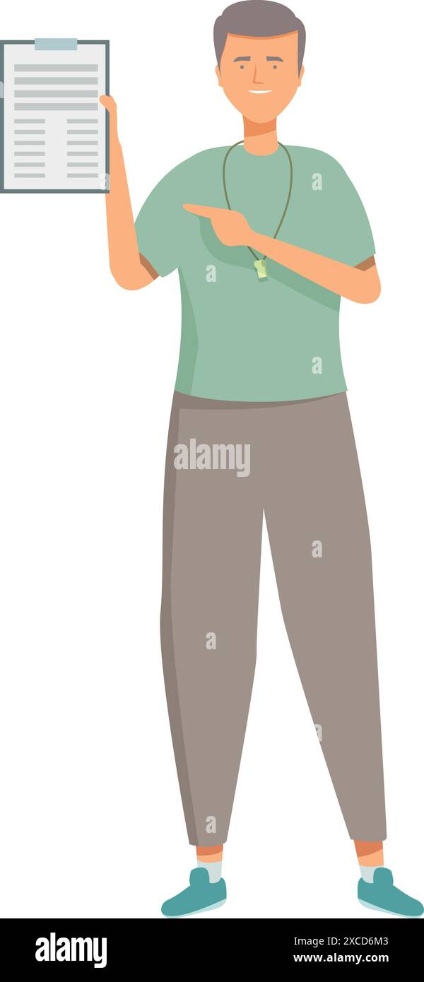 Senior male coach holding training plan and pointing with finger, sport ...