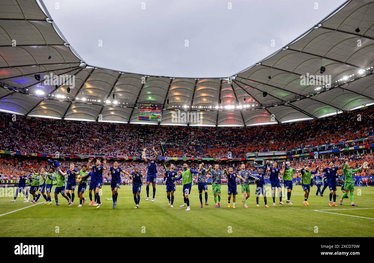 HAMBURG - The players of the Dutch national team after the won match ...