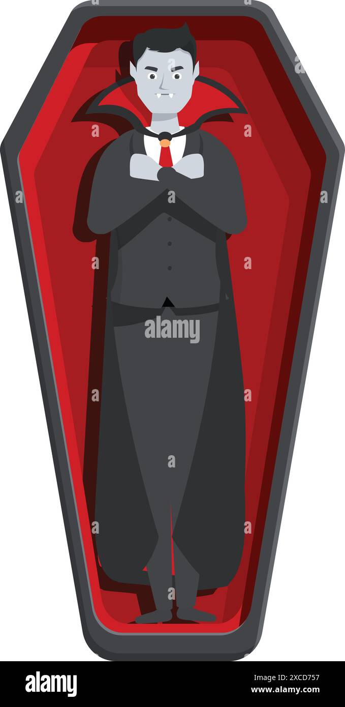 Vampire count dracula character standing in a coffin crossing his arms ...