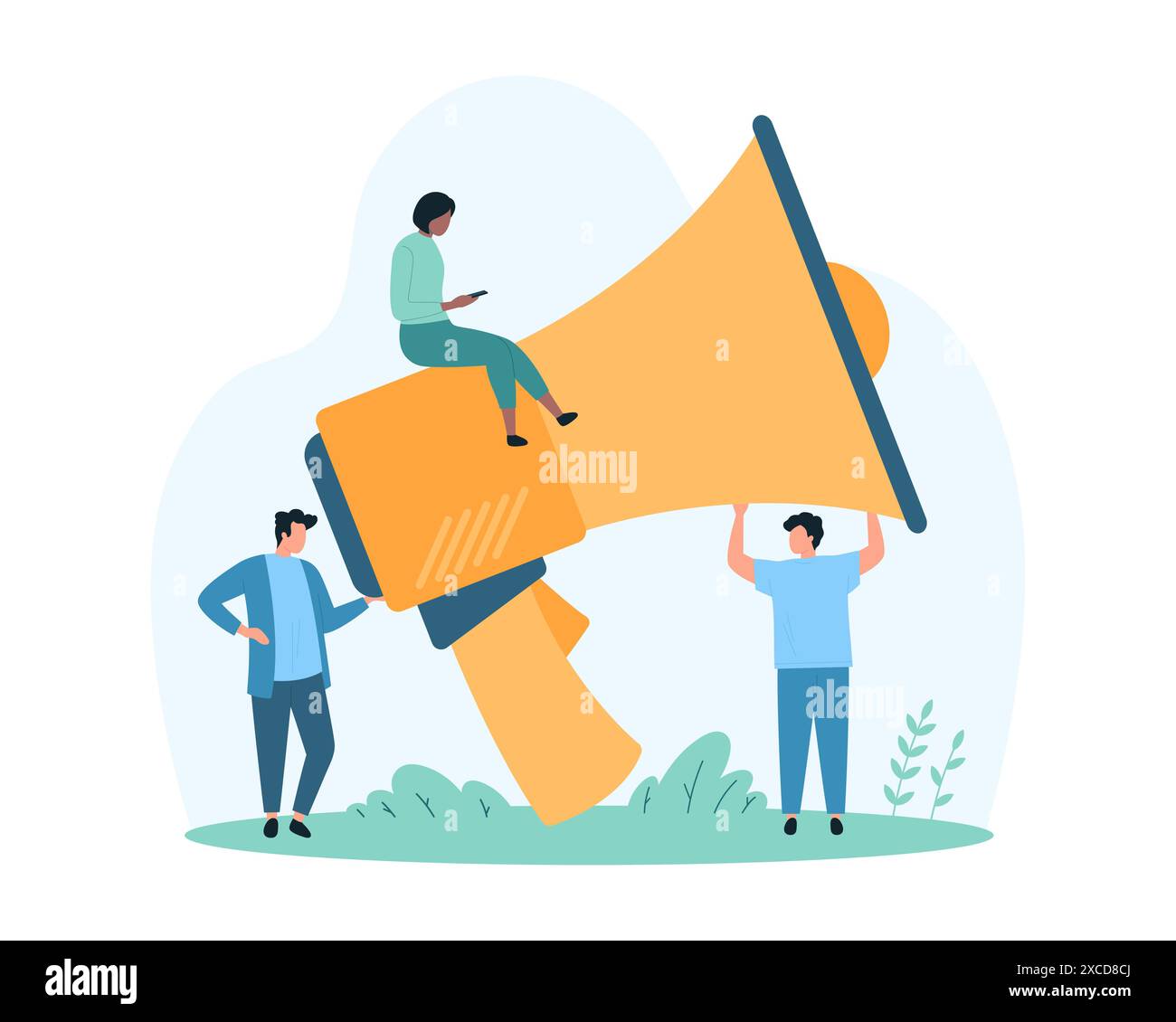 Public attention for megaphone speech, announcement. Tiny people ...