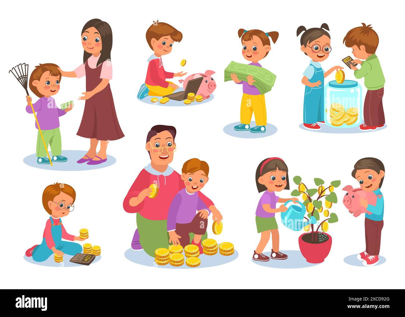 Kids financial literacy. Boys and girls hoarding coins. Dollar ...