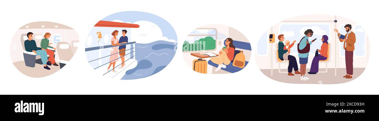 People on different vehicles. Cartoon passengers traveling in various ...