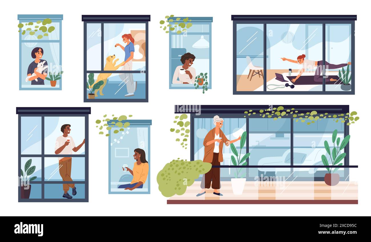 People in open windows. Neighbors in apartments doing different things ...