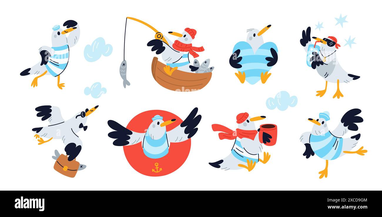 Cartoon seagull. Marine bird. Different poses and actions. Seabird in ...
