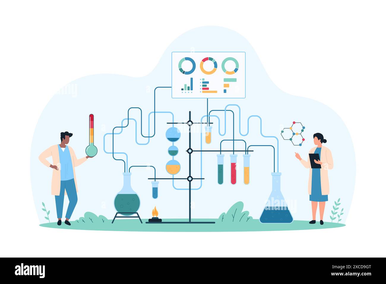 Chemical experiment in laboratory and scientific data analysis. Tiny ...
