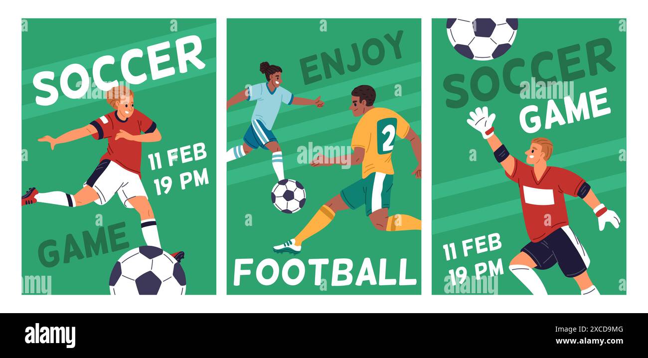 Football match cards. Soccer players kicking ball on stadium field ...