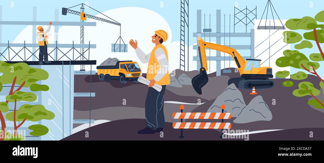 Builders at construction site. Machinery digs pit. City buildings ...