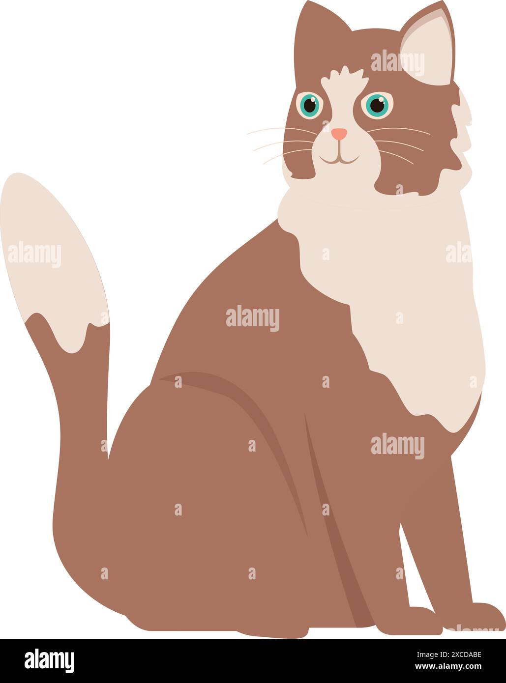 Brown and white cat is sitting with its tail curled around its body ...