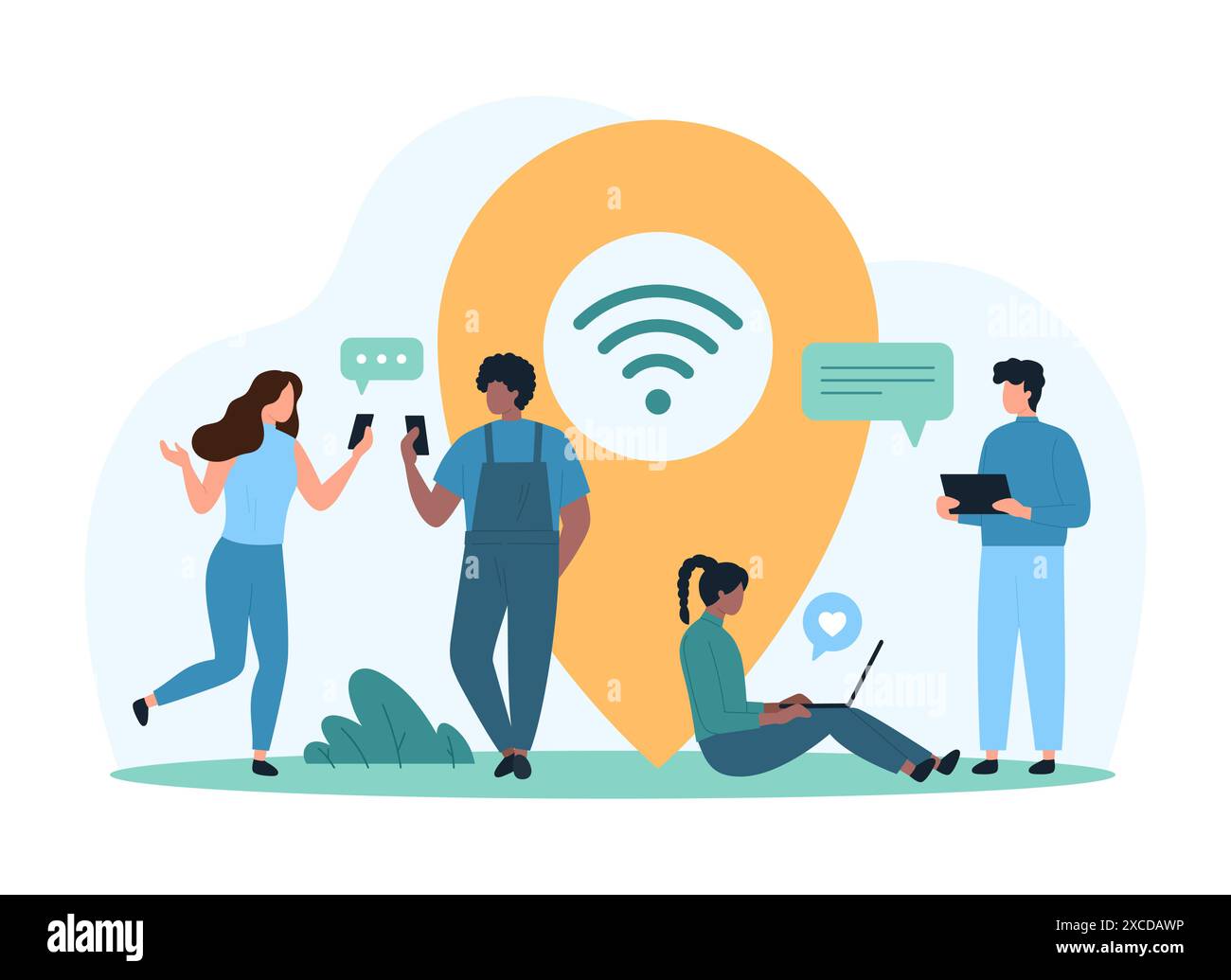 Wireless public network connection, access to free hotspot zone. Tiny people connect to safe ...