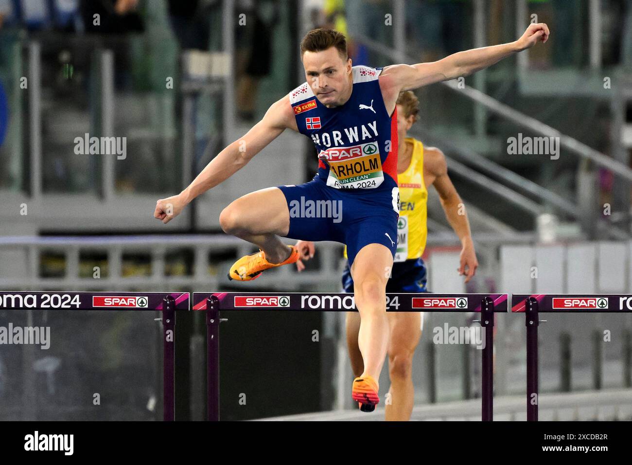 Karsten Warholm of Norway competes in the 400m hurdles men final of the ...