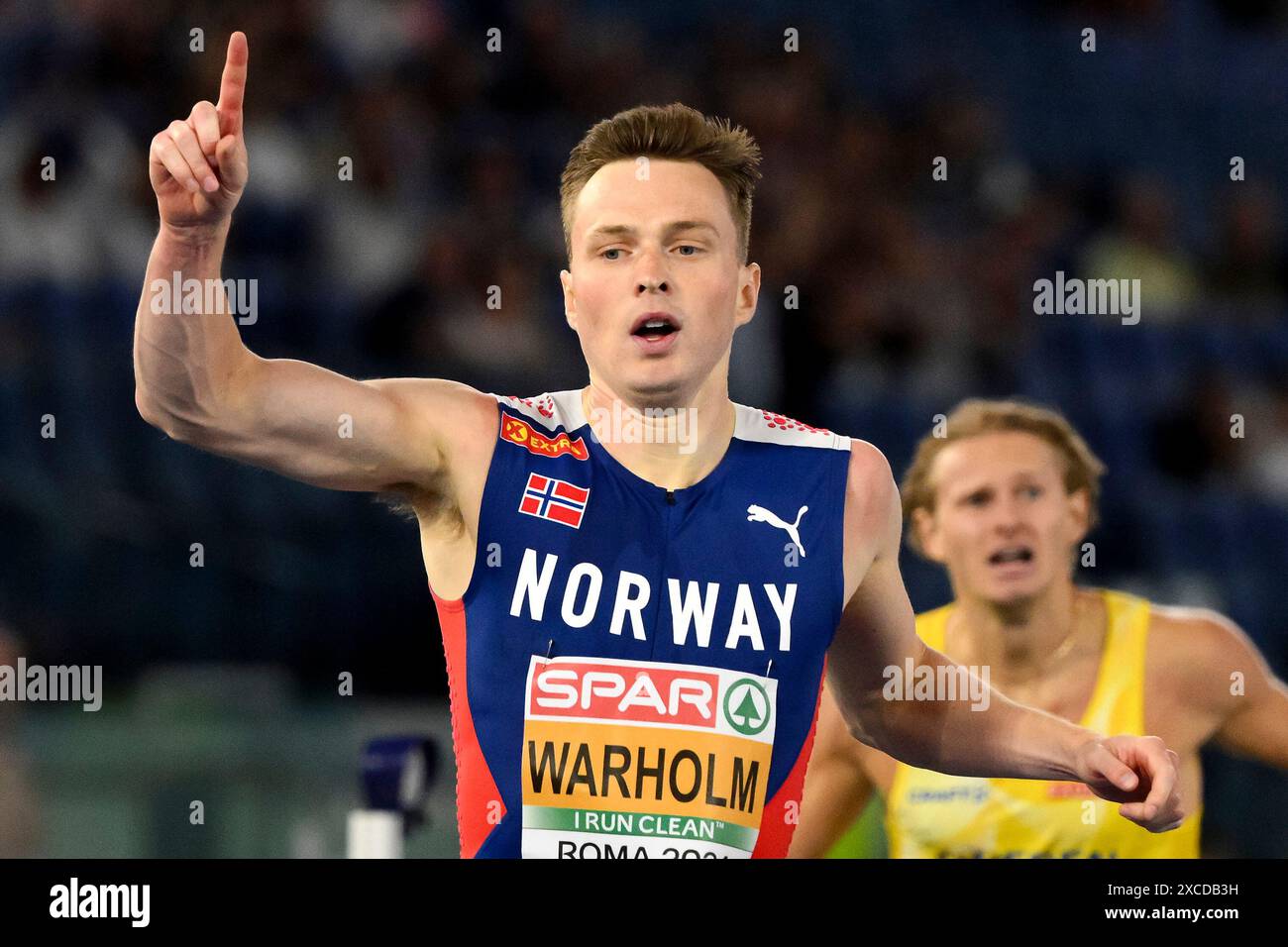 Karsten Warholm of Norway celebrates after competing in the 400m ...