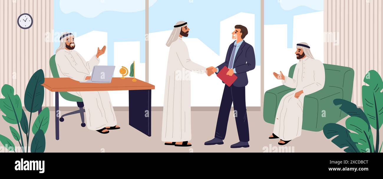Arabic business people meeting. Saudi man in traditional clothes shakes ...
