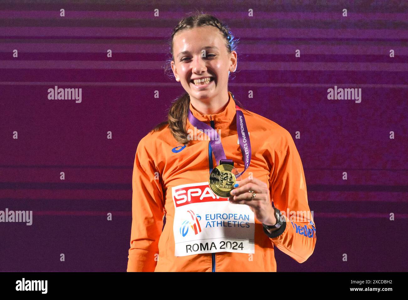 Femke Bol of The Netherlands celebrates during the medal ceremony of ...