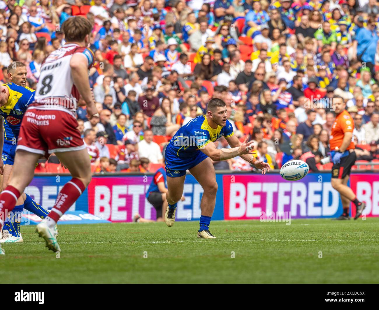 The 2024 Betfred Challenge Cup Final. Warrington's Danny Walker passes ...