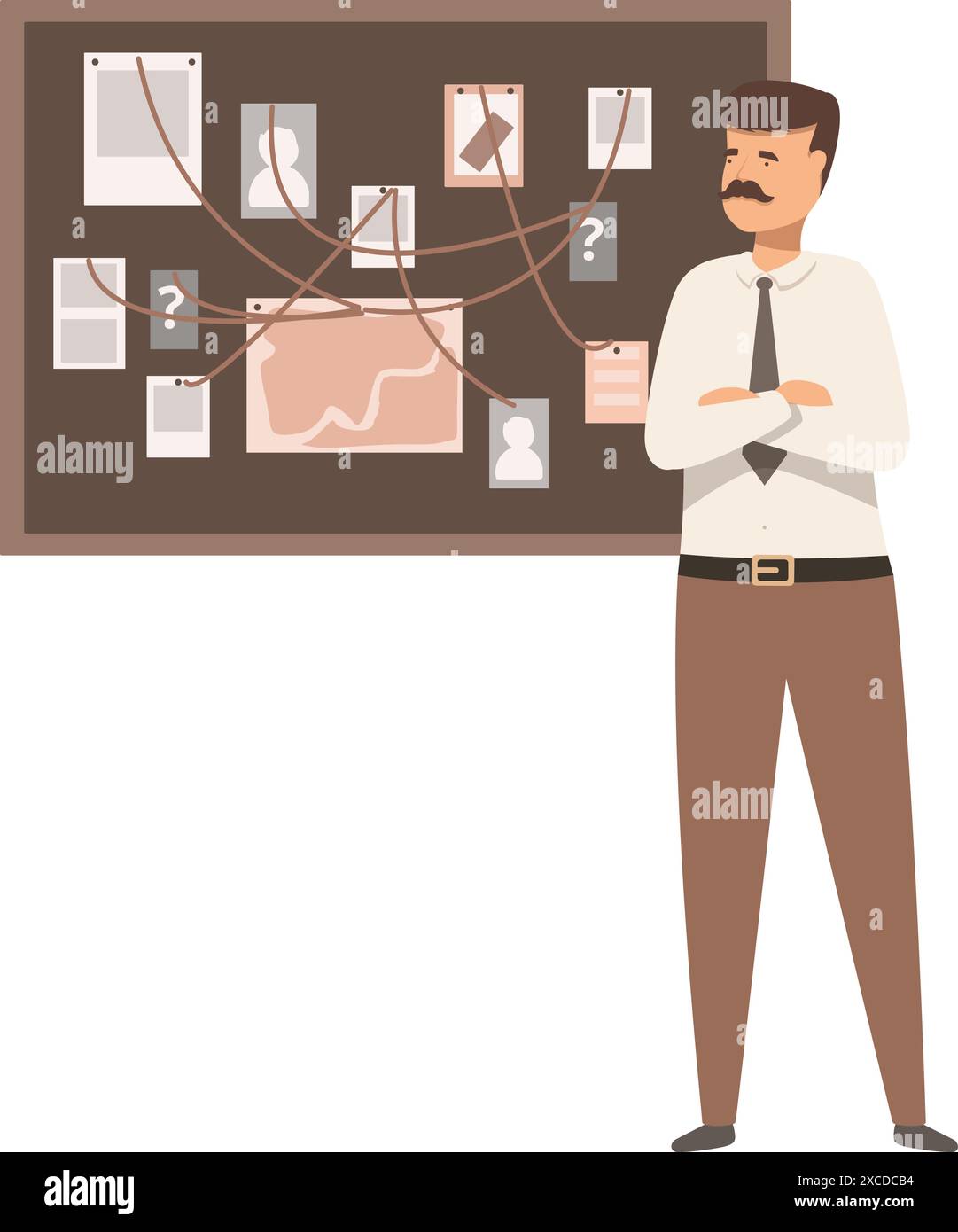 Detective is contemplating an evidence board, seeking connections and ...