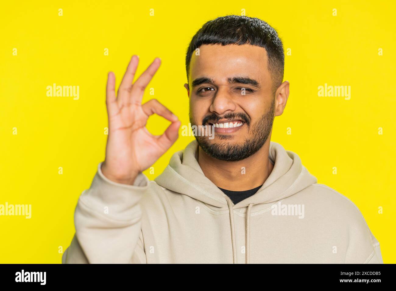 Okay. Happy Indian man looking approvingly at camera showing ok gesture ...