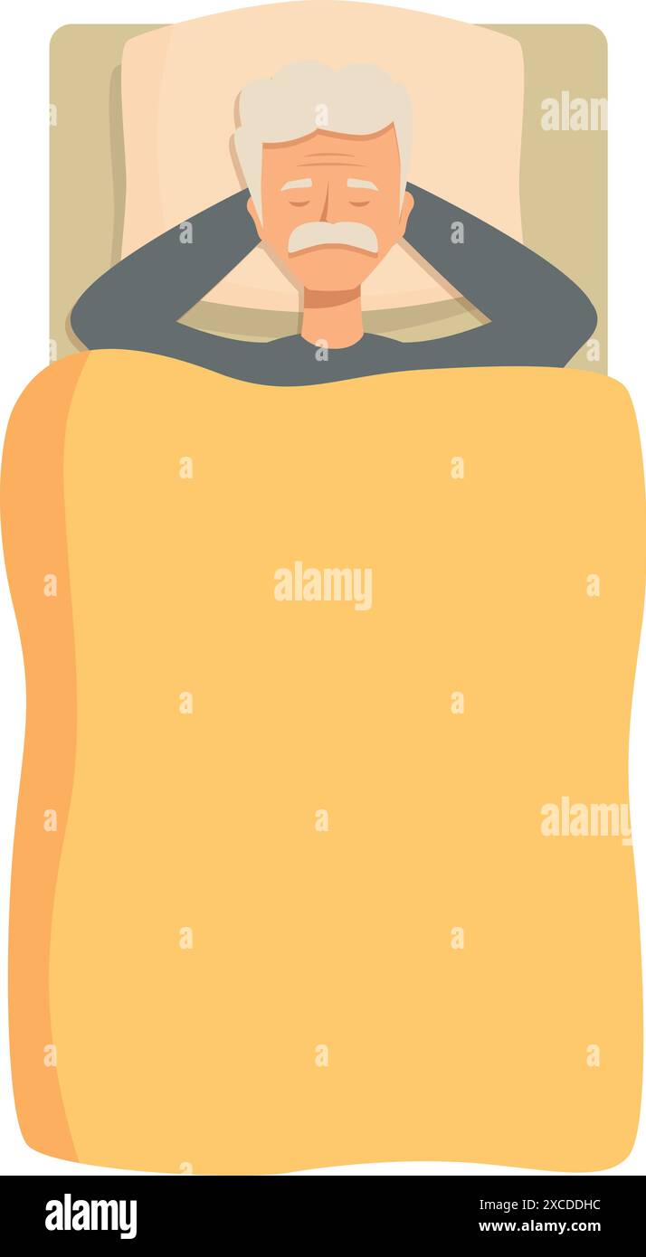 Senior man is enjoying a restful sleep in his bed, his hands positioned ...