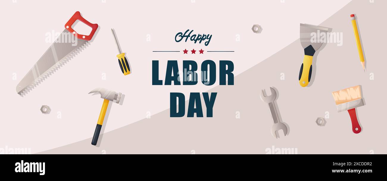 Web banner, happy labor day, white background and construction tool ...