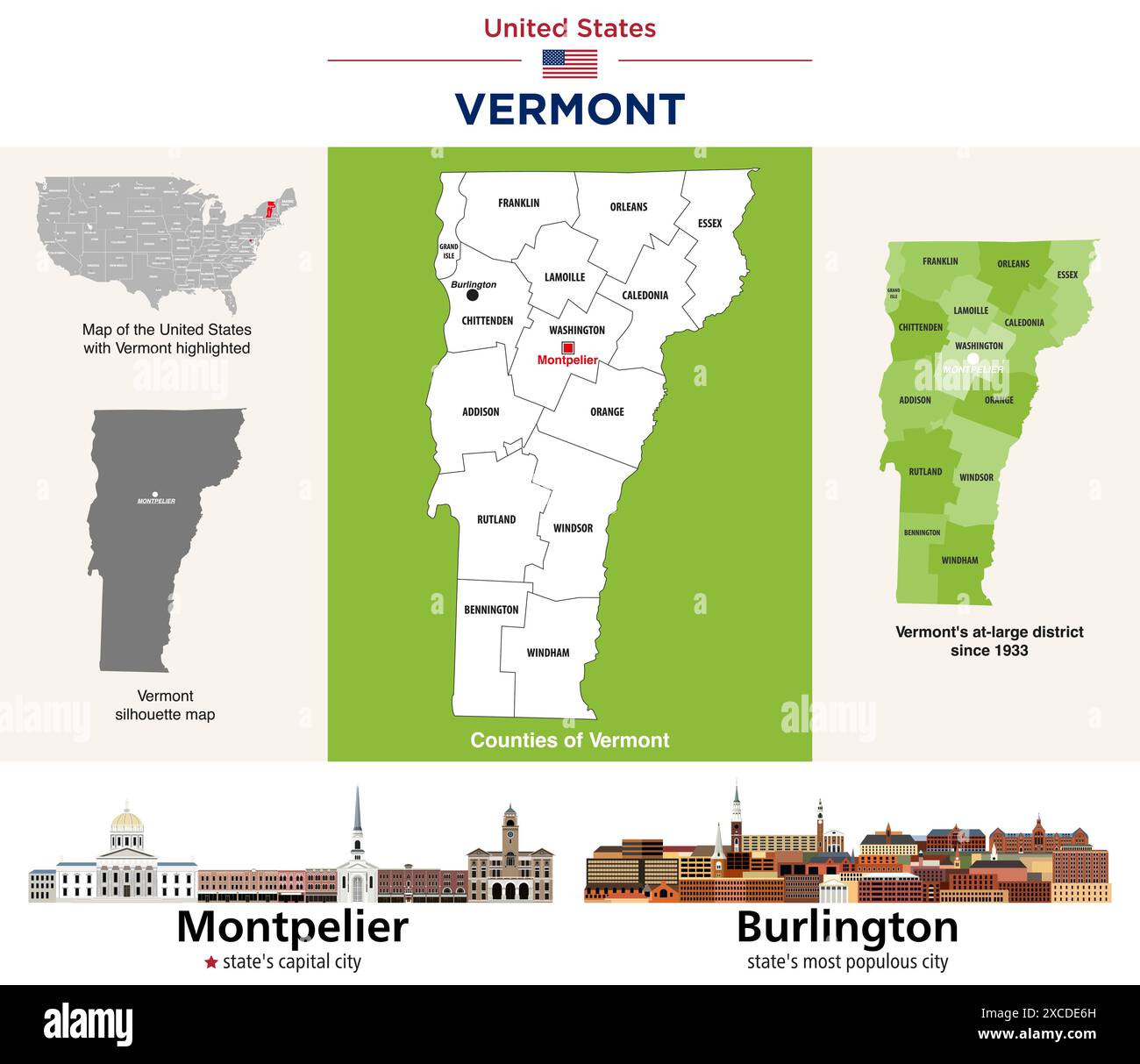 Vermont counties map and at-large congressional district map. Skylines ...