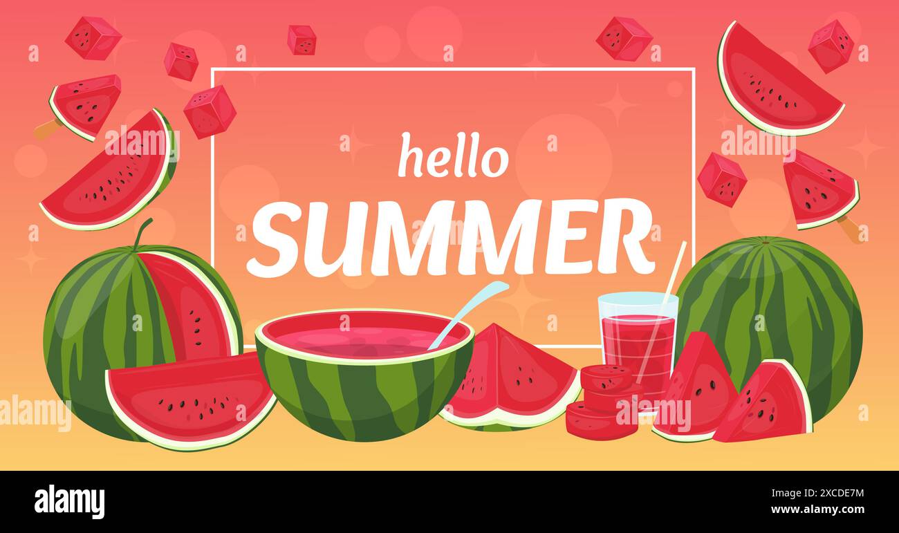 Watermelon frame. Hello summer. Whole fruit and juicy slices. Healthy ...