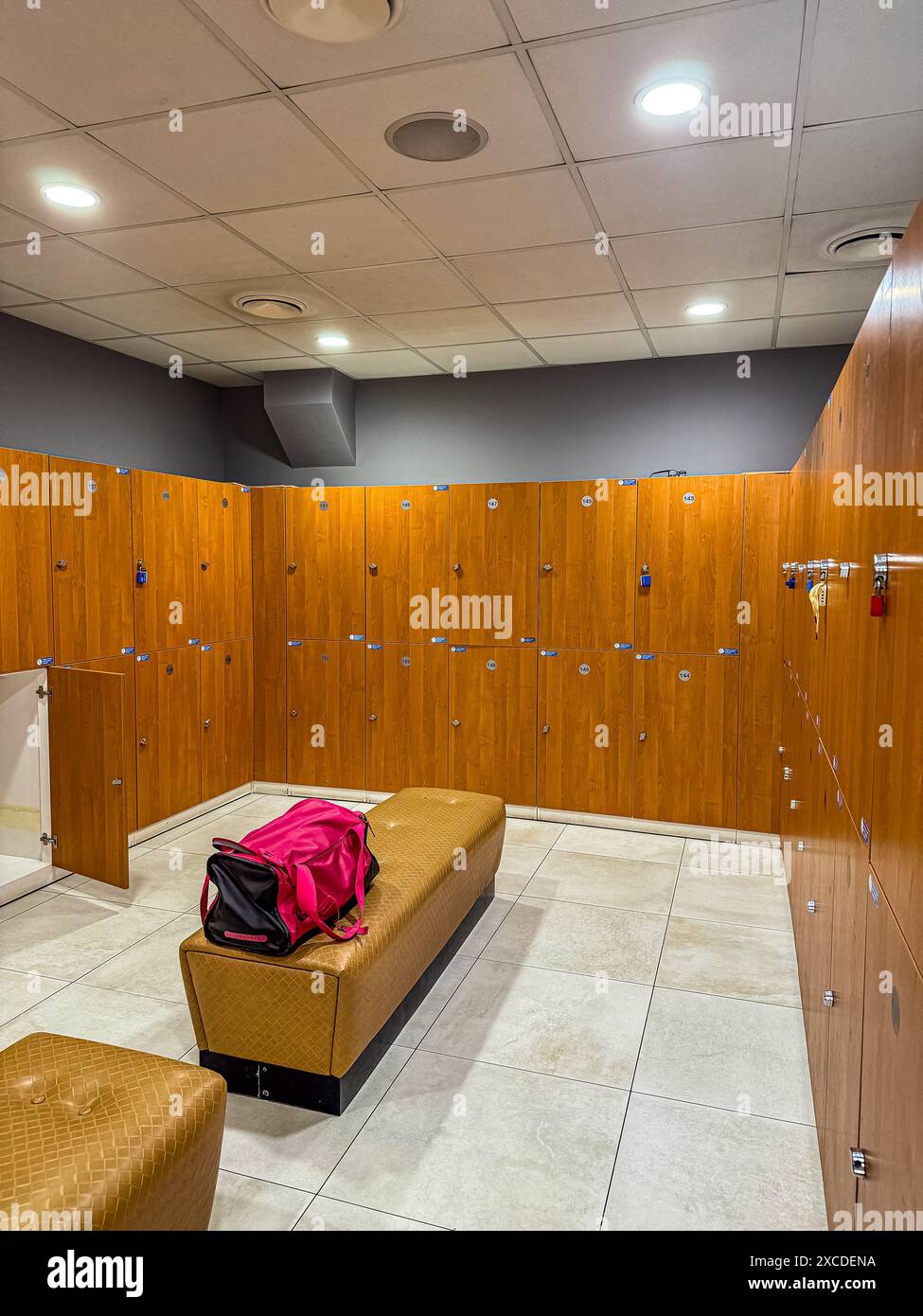 Wooden lockers with key in locker and benches in the middle with pink ...