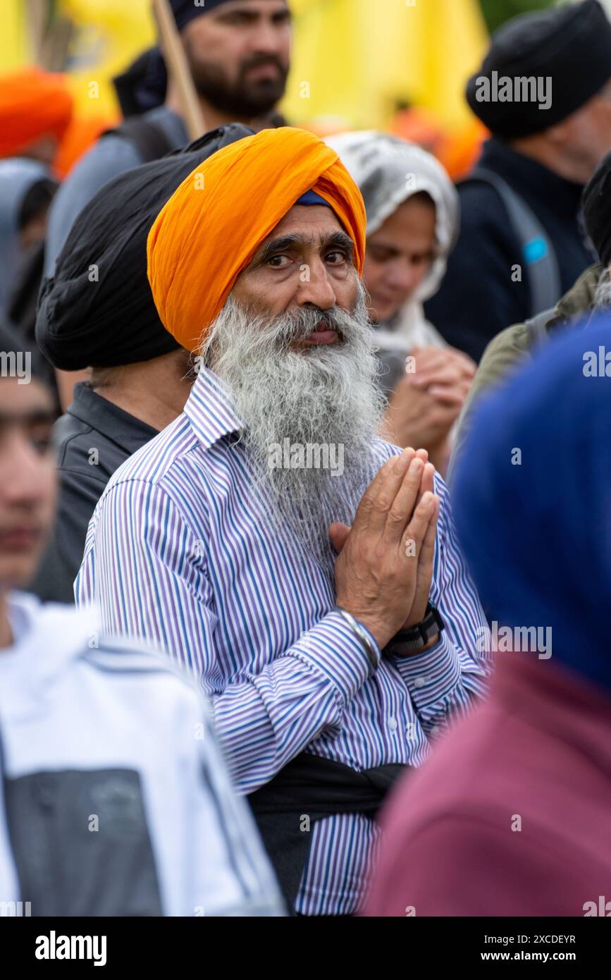 London, UK. 16 June 2024. Thousands of Sikhs march to mark the 40th ...