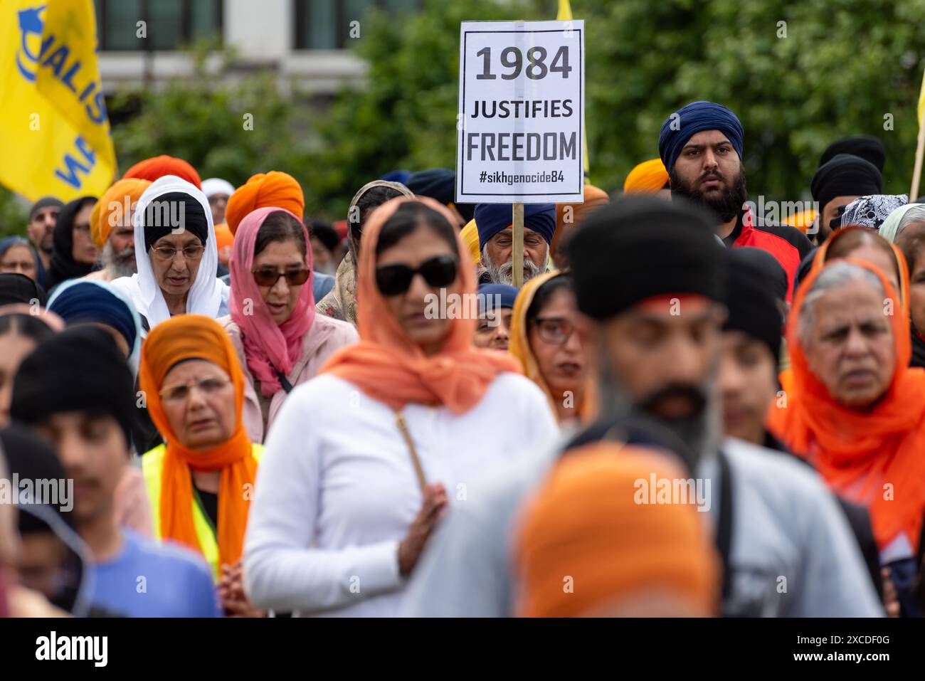 London, UK. 16 June 2024. Thousands of Sikhs march to mark the 40th ...