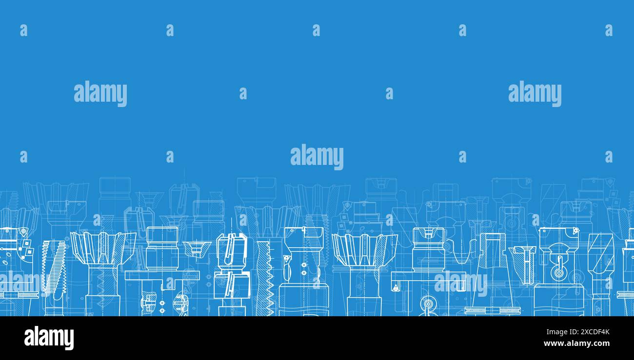 Mechanical engineering drawings on blue background. Tap tools, borer ...
