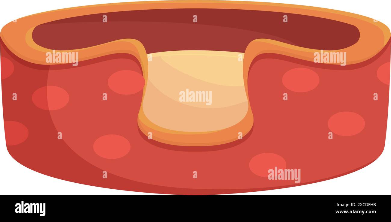 Round red empty dog bed with yellow pillow is waiting for sleeping ...
