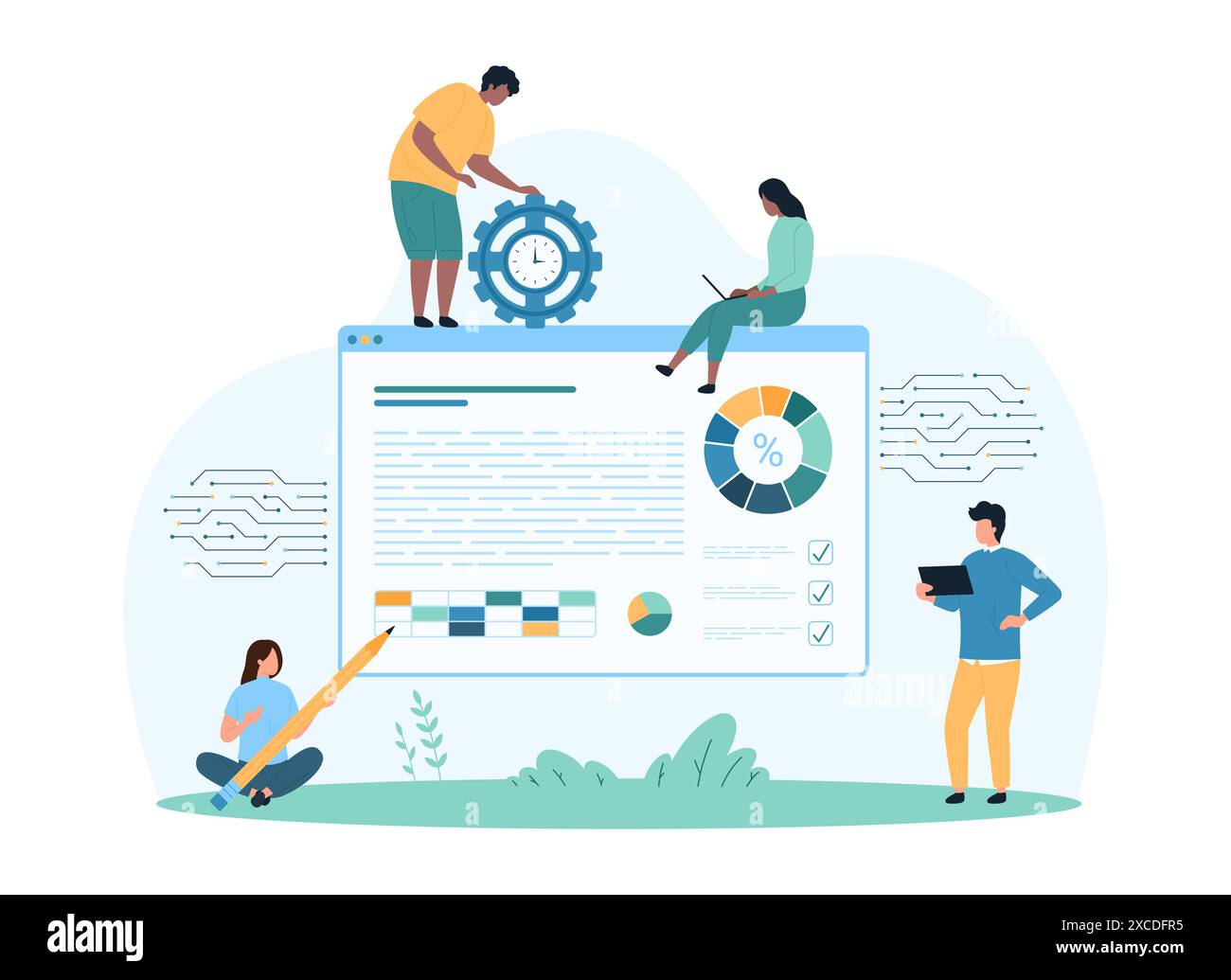 Data analysis, integrated AI analytics. Tiny people analyze statistics ...