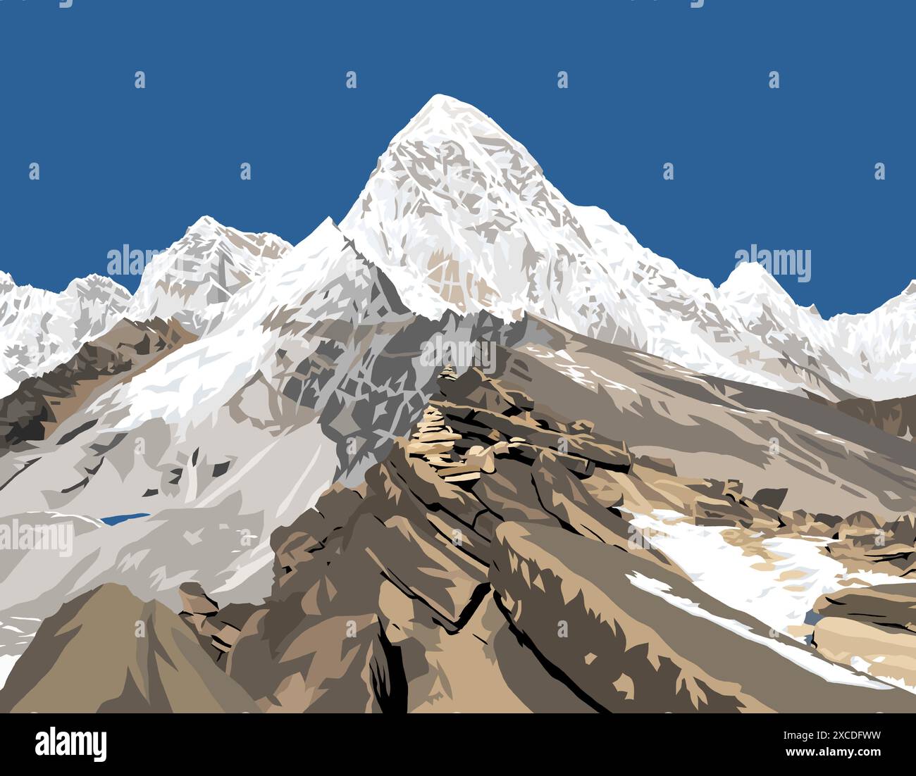 Kala Patthar and Mount Pumori peak, vector illustration, Khumbu valley, Sagarmatha national park ...