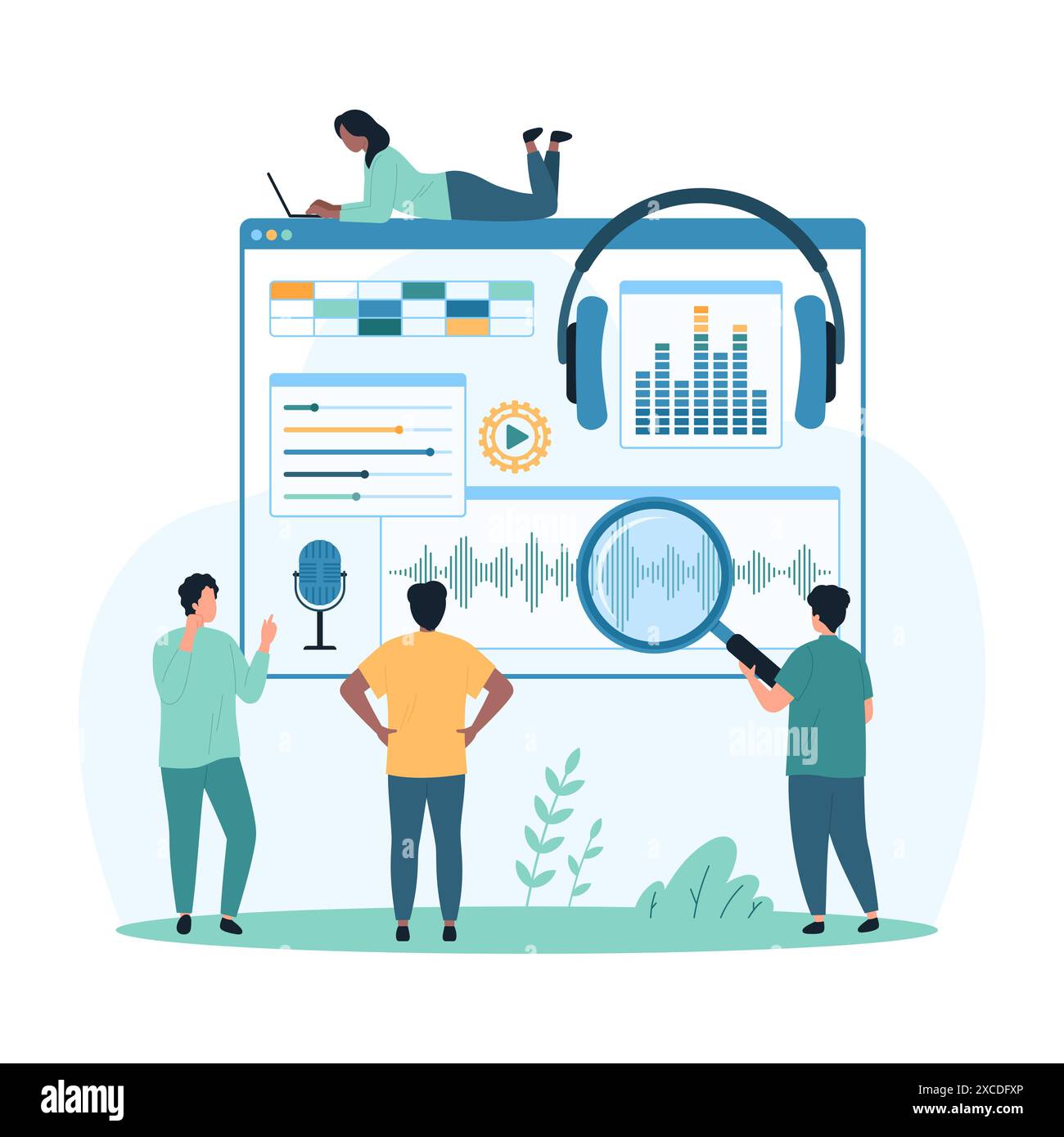 Audio editor mobile app, software for editing, mixing sound. Tiny people look through magnifying ...
