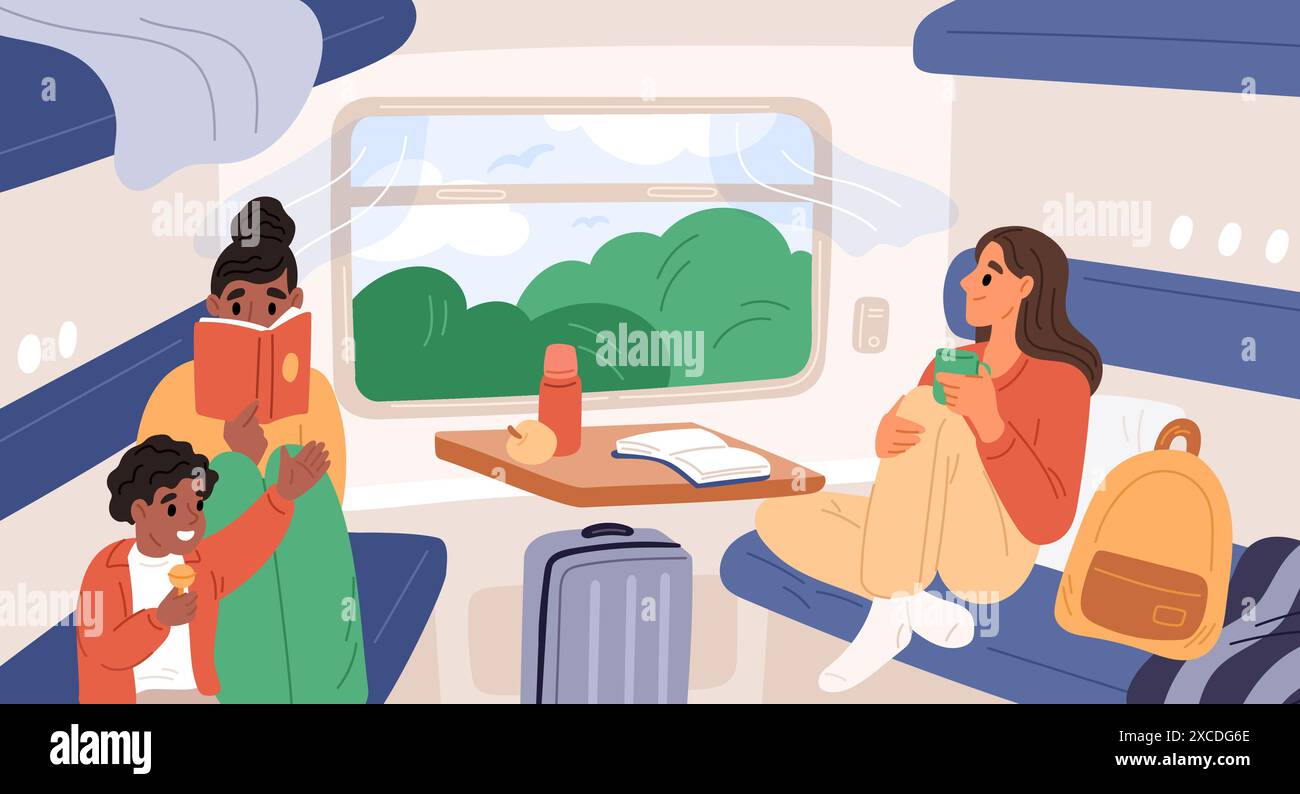 Passengers ride in train carriage. People travel by intercity transport ...