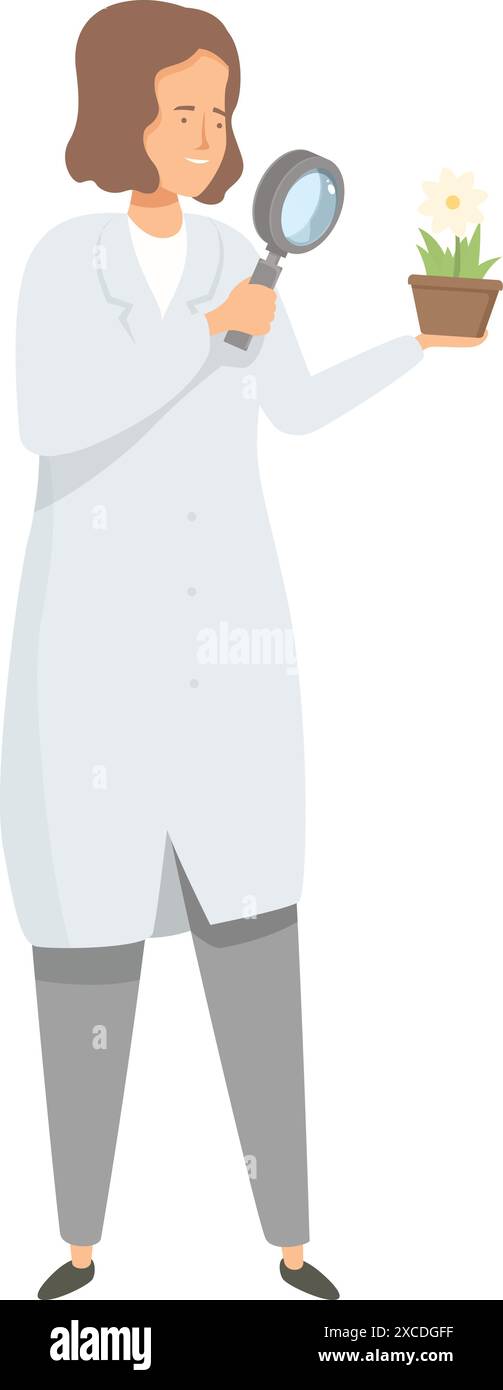 Scientist in a lab coat is examining a plant in a pot with a magnifying ...