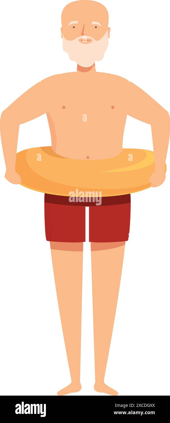 Senior man wearing swimming trunks is holding an inflatable ring ...