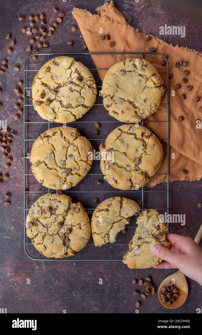 Freshly baked cookies on cooling rack with hand taking cookie Stock ...
